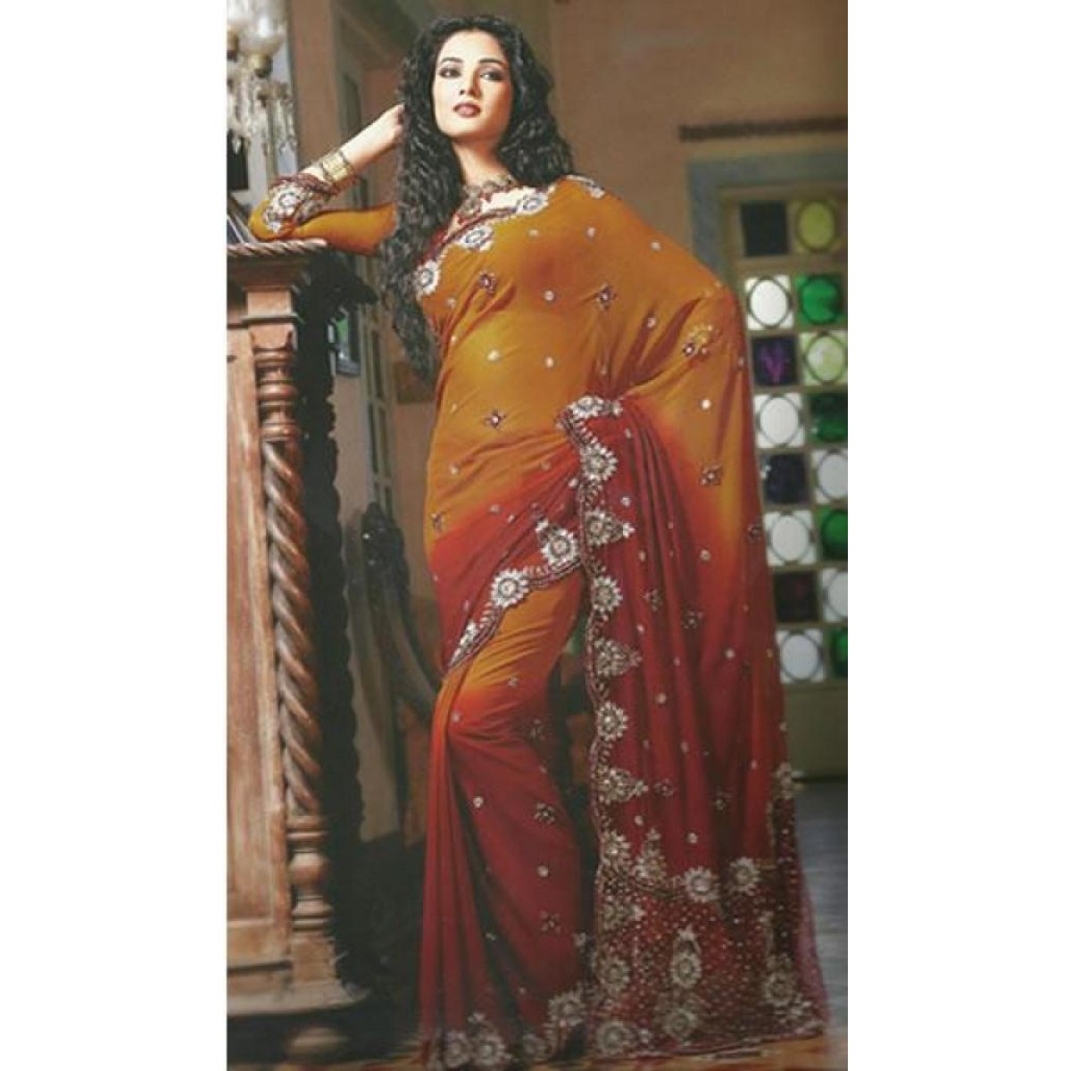 Orange and Red with Silver - Sarees