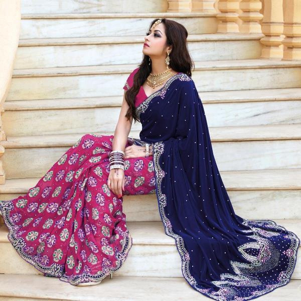 Royal Blue Velvet Saree - Sarees